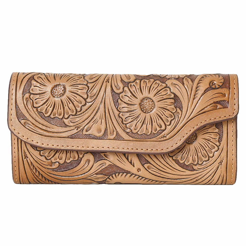 Tan Floral Tooled Snap Closure Wallet by Ohlay